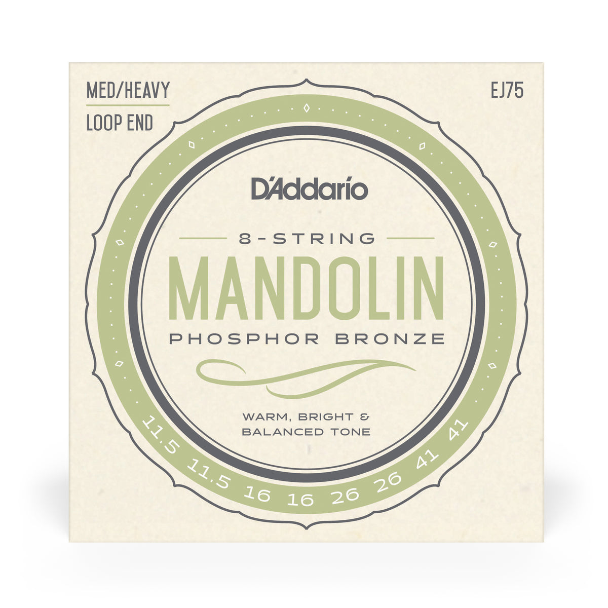 D'Addario EJ75 Mandolin Strings, Phosphor Bronze Wound, Loop End, 11.5 ...